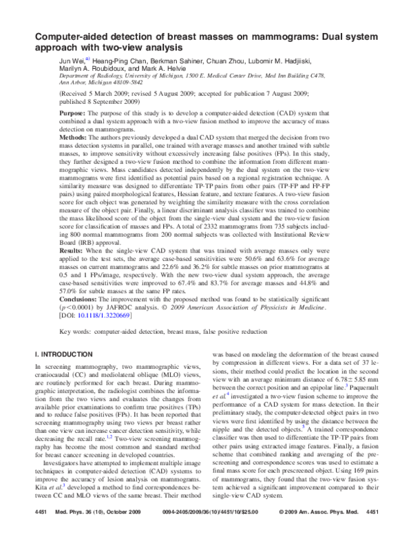 Pdf Computer‐aided Detection Of Breast Masses On Mammograms Dual System Approach With Two