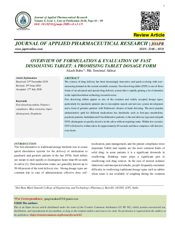 Pdf Overview Of Formulation And Evaluation Of Fast Dissolving Tablet A Promising Tablet