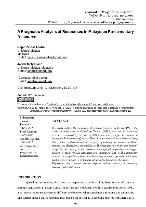 (PDF) A Pragmatic Analysis of Responses in Malaysian Parliamentary Discourse