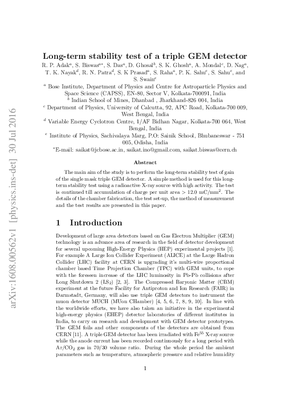 (PDF) Long-term stability test of a triple GEM detector