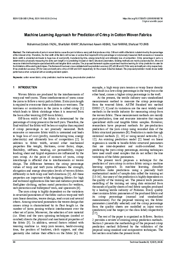 (PDF) Machine Learning Approach for Prediction of Crimp in Cotton Woven Fabrics