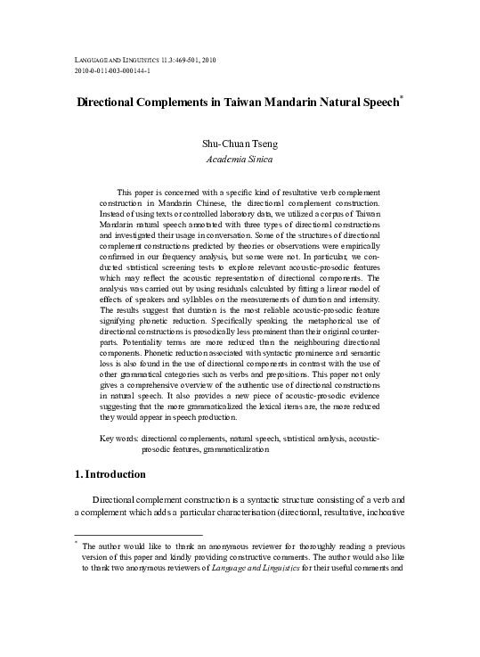(PDF) Directional Complements in Taiwan Mandarin Natural Speech