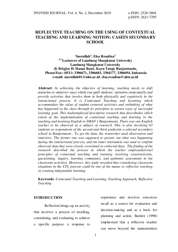 (PDF) Reflective Teaching on the Using of Contextual Teaching and Learning Notion: Case in ...