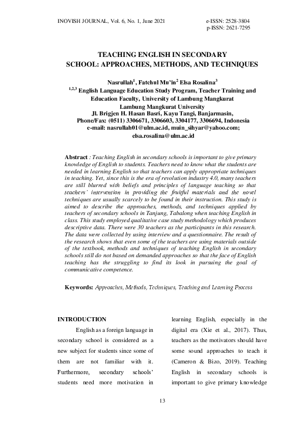 (PDF) Teaching English in Secondary School: Approaches, Methods, and ...