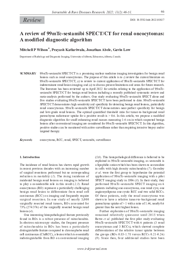 (PDF) A review of 99mTc-sestamibi SPECT/CT for renal oncocytomas: A ...