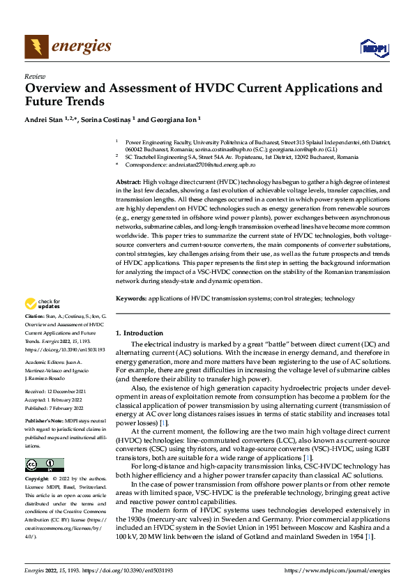 (PDF) Overview and Assessment of HVDC Current Applications and Future Trends