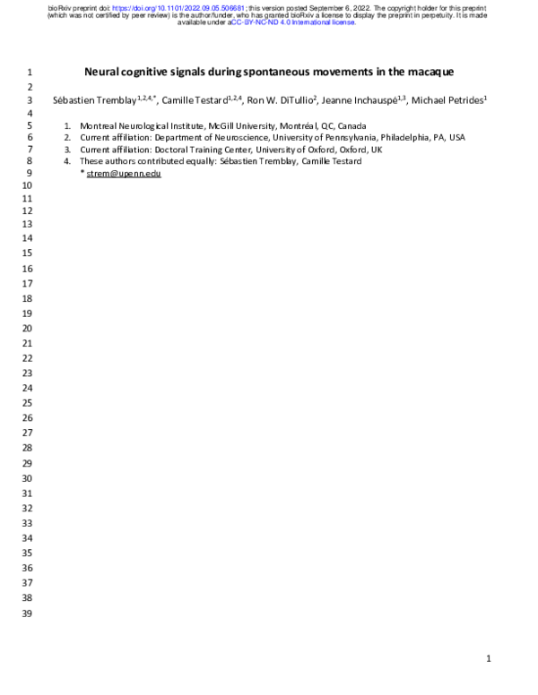 (PDF) Neural cognitive signals during spontaneous movements in the macaque | Jeanne Inchauspé ...