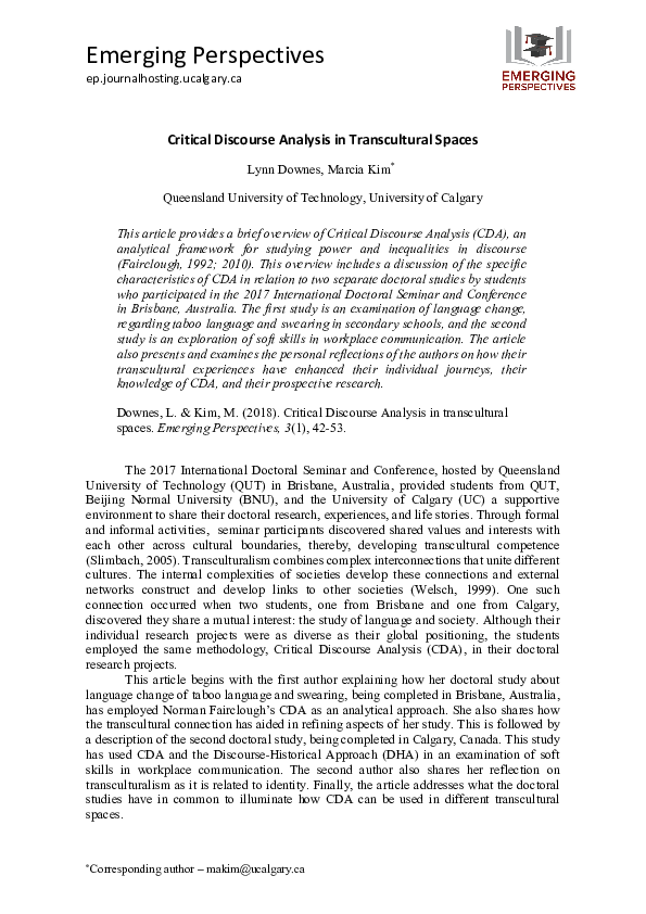 (PDF) Critical discourse analysis in transcultural spaces
