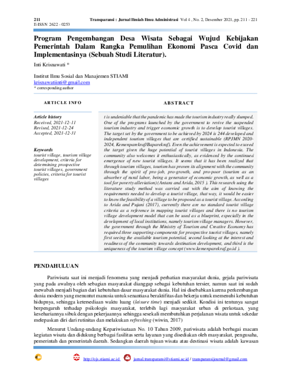 (PDF) Program Pengembangan Desa Wisata Sebagai Wujud Kebijakan Pemerintah Dalam Rangka Pemulihan ...
