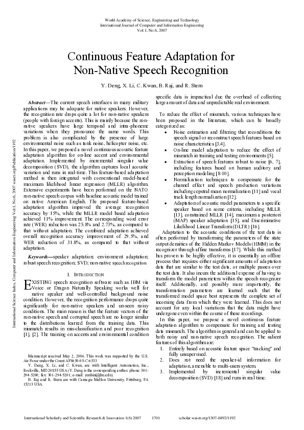 (PDF) Continuous Feature Adaptation For Non-Native Speech Recognition