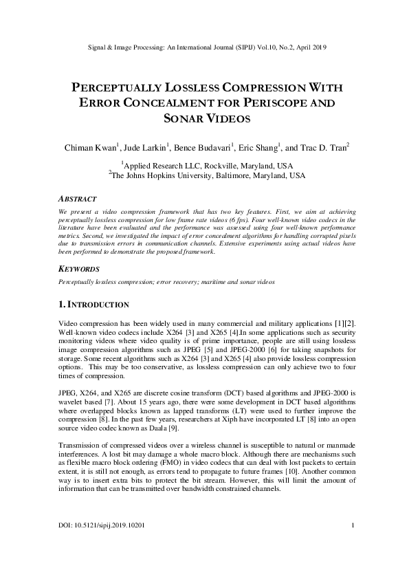 (PDF) Perceptually Lossless Compression with Error Concealment for Periscope and Sonar Videos