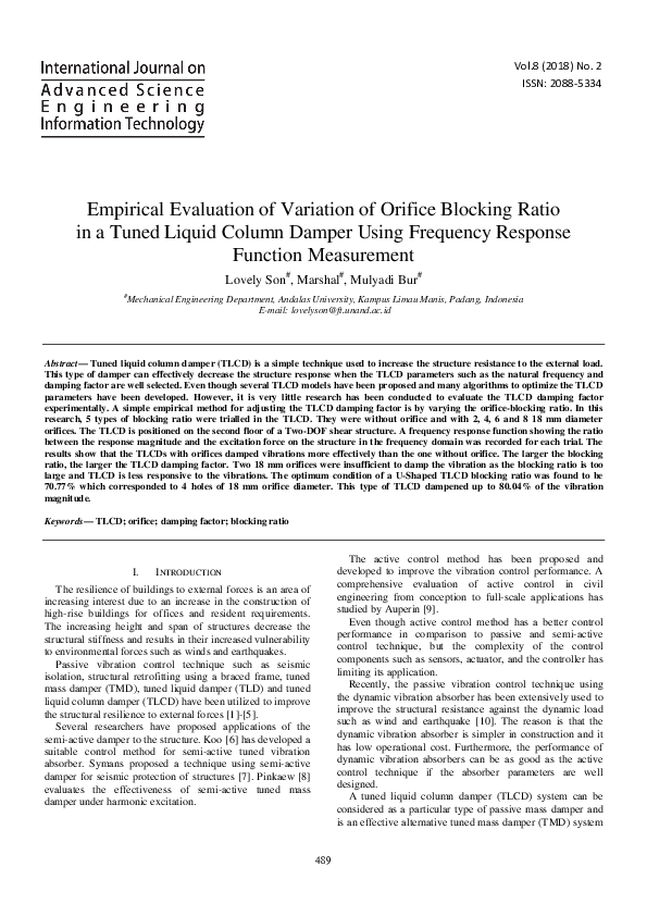 (PDF) Empirical Evaluation of Variation of Orifice Blocking Ratio in a Tuned Liquid Column ...