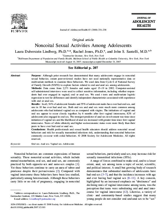 (PDF) Noncoital Sexual Activities Among Adolescents | J. Senkusu - Academia.edu