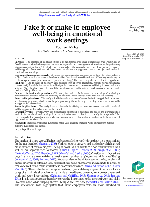 (PDF) Fake it or make it: employee well-being in emotional work settings