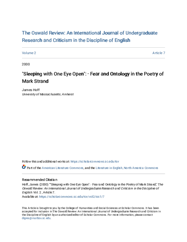 (PDF) Sleeping with One Eye Open": · Fear and Ontology in the Poetry of ...