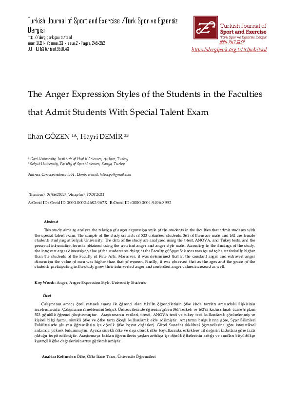 (PDF) The Anger Expression Styles of the Students in the Faculties that ...