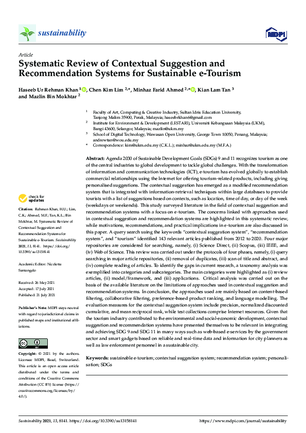 (PDF) Systematic Review of Contextual Suggestion and Recommendation Systems for Sustainable e ...