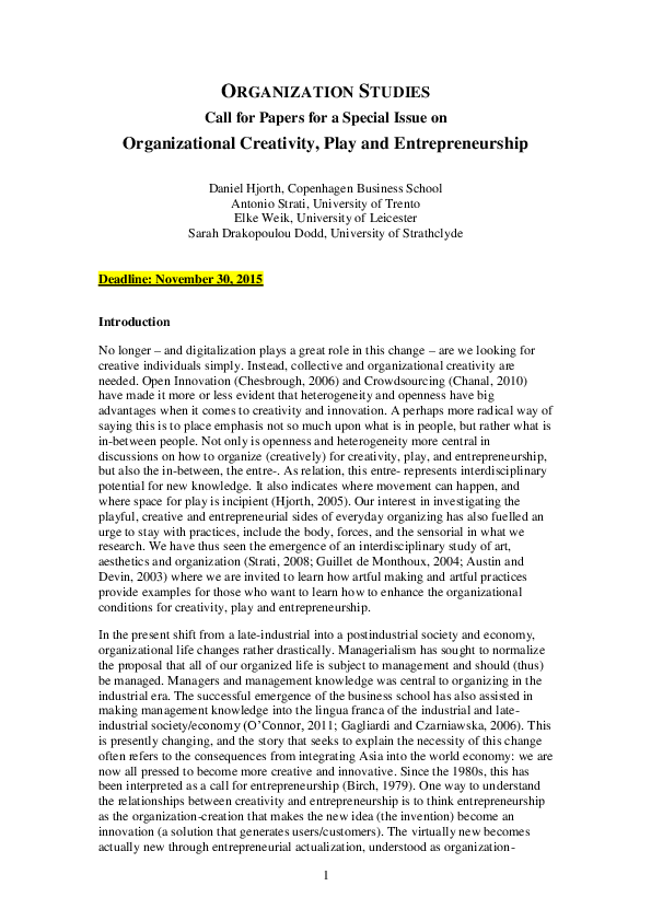 (PDF) Organizational Creativity, Play and Entrepreneurship