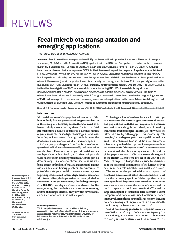 (PDF) Fecal microbiota transplantation and emerging applications