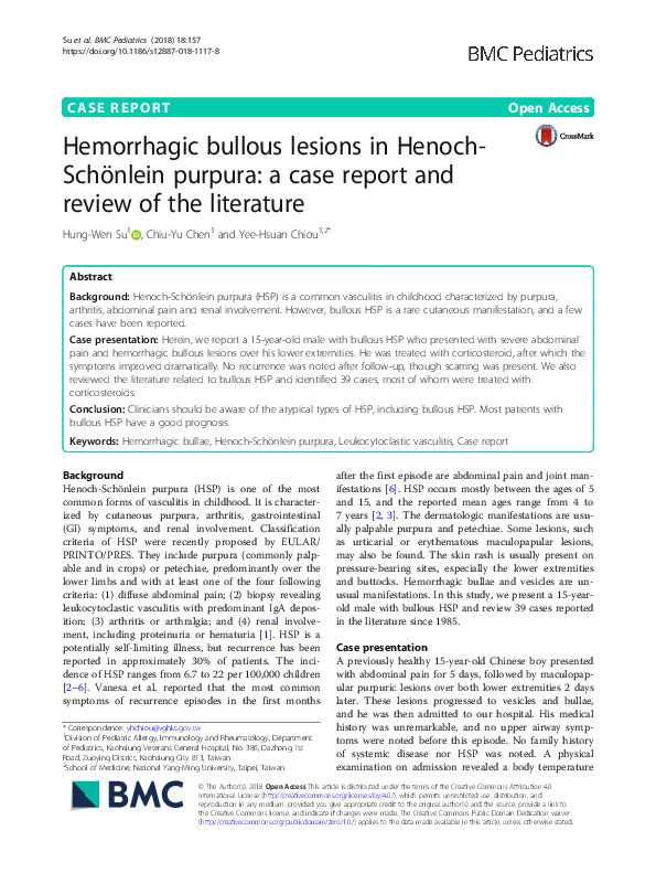 (PDF) Hemorrhagic bullous lesions in Henoch-Schönlein purpura: a case ...