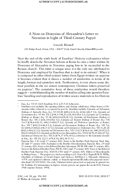 (PDF) A Note on Dionysius of Alexandria's Letter to Novatian in Light ...