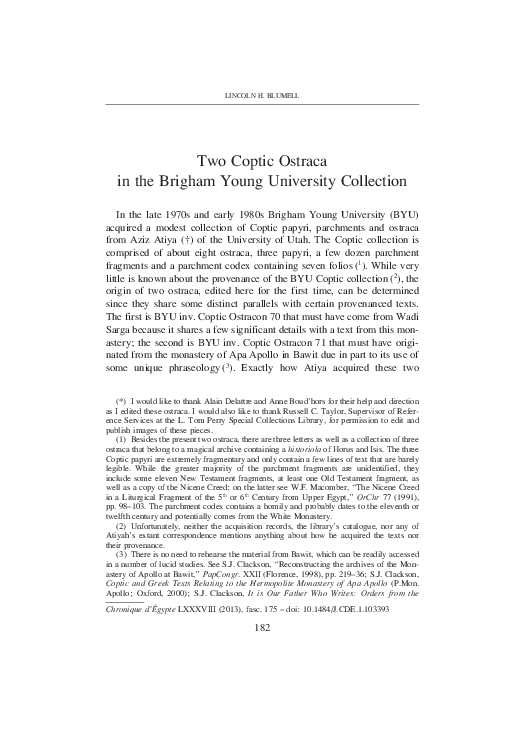 (PDF) Two Coptic Ostraca in the Brigham Young University Collection