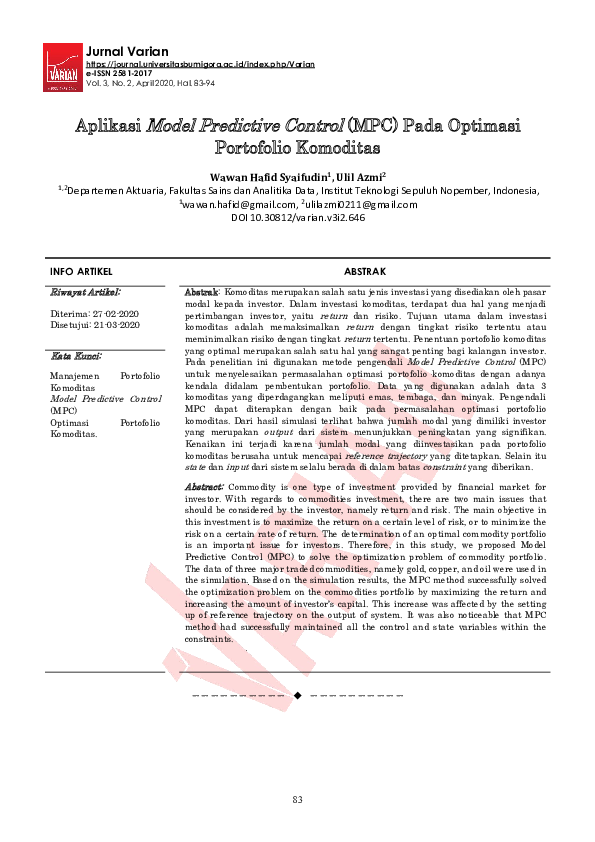 Pdf Aplikasi Model Predictive Control Mpc Pada Optimasi Portofolio