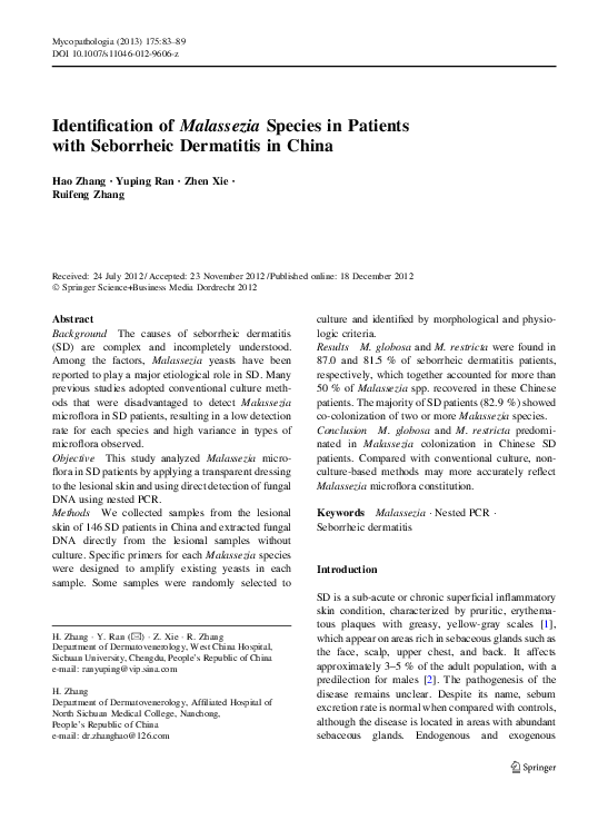 Pdf Identification Of Malassezia Species In Patients With Seborrheic