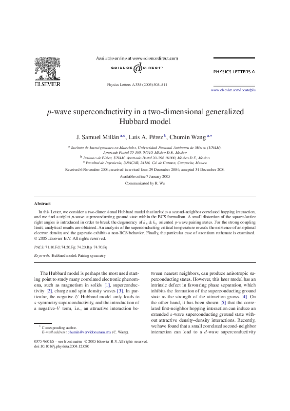 (PDF) p-wave superconductivity in a two-dimensional generalized Hubbard model