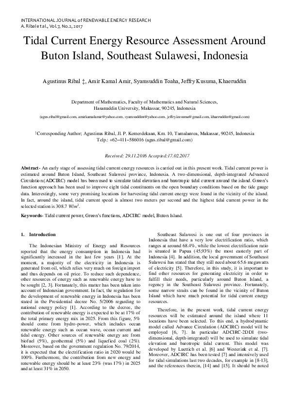 (PDF) Tidal Current Energy Resource Assessment Around Buton Island, Southeast Sulawesi ...