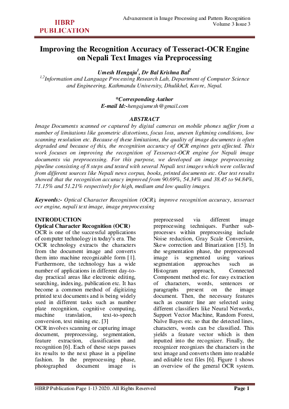 Pdf Improving The Recognition Accuracy Of Tesseract Ocr Engine On Nepali Text Images Via