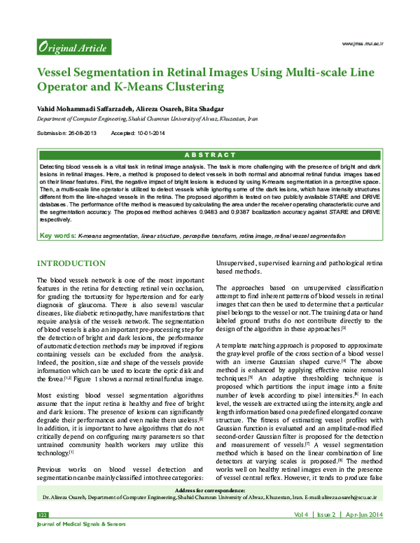 (PDF) Vessel Segmentation in Retinal Images Using Multi-scale Line Operator and K-Means Clustering