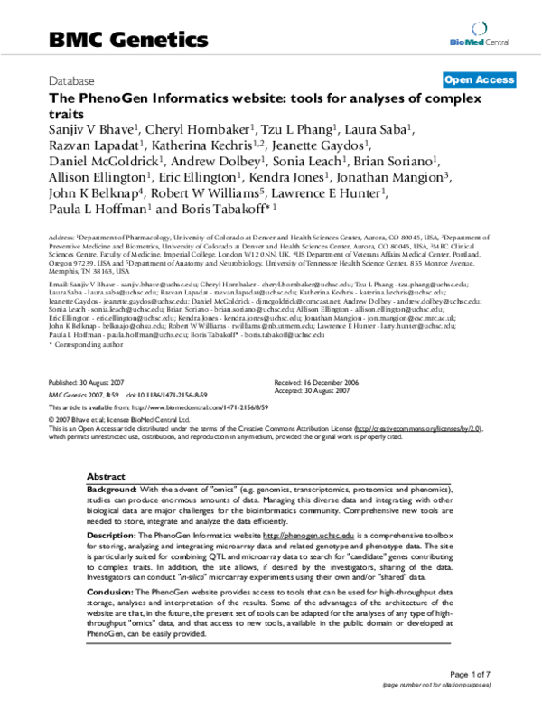 (PDF) The PhenoGen Informatics website: tools for analyses of complex ...