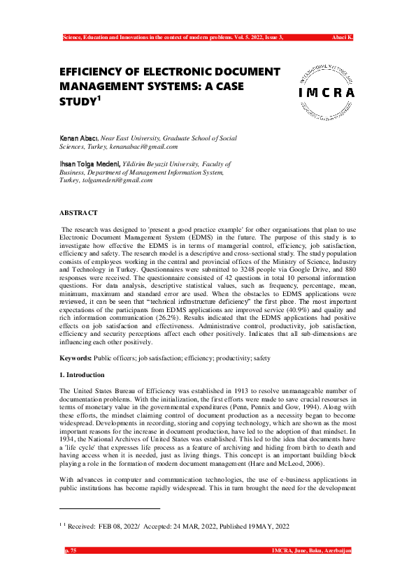 (PDF) Efficiency of Electronic Document Management Systems: A Case Study