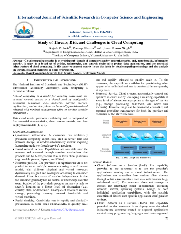 (PDF) Study of Threats , Risk and Challenges in Cloud Computing