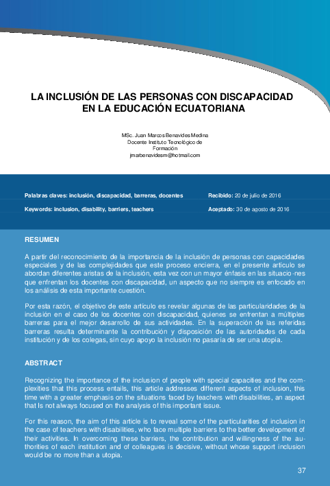 (PDF) La Inclusión De Las Personas Con Discapacidad en La Educación ...