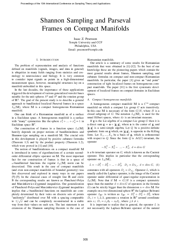 (PDF) Shannon Sampling And Parseval Frames On Compact Manifolds
