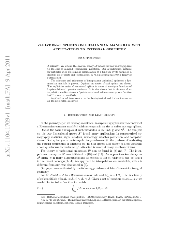 Pdf Variational Splines On Riemannian Manifolds With Applications To Integral Geometry