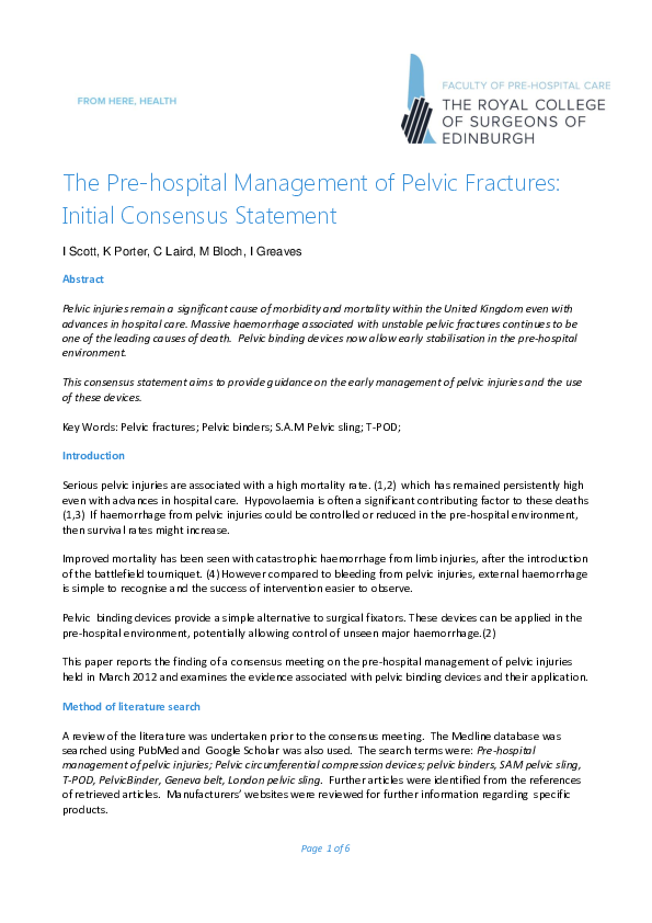 Pdf The Prehospital Management Of Pelvic Fractures Initial Consensus