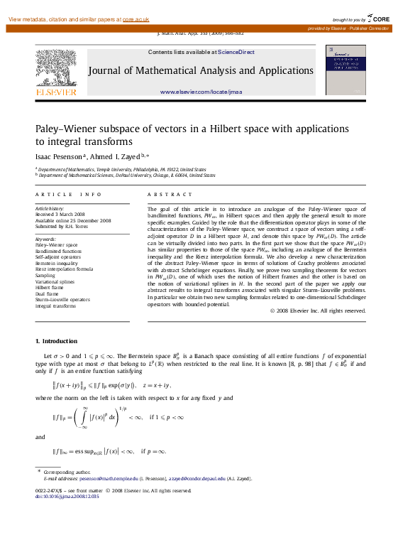 (PDF) Paley–Wiener subspace of vectors in a Hilbert space with applications to integral transforms