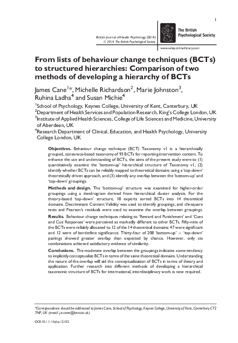 (PDF) From lists of behaviour change techniques (BCTs) to structured hierarchies: Comparison of ...