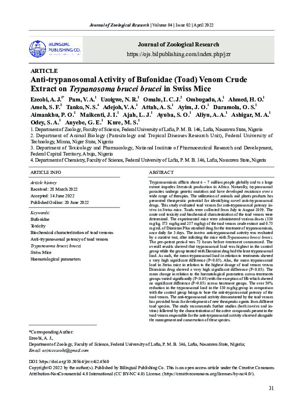 (PDF) Anti-trypanosomal Activity of Bufonidae (Toad) Venom Crude ...