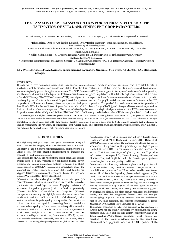 (PDF) The Tasseled Cap Transformation for RapidEye data and the ...