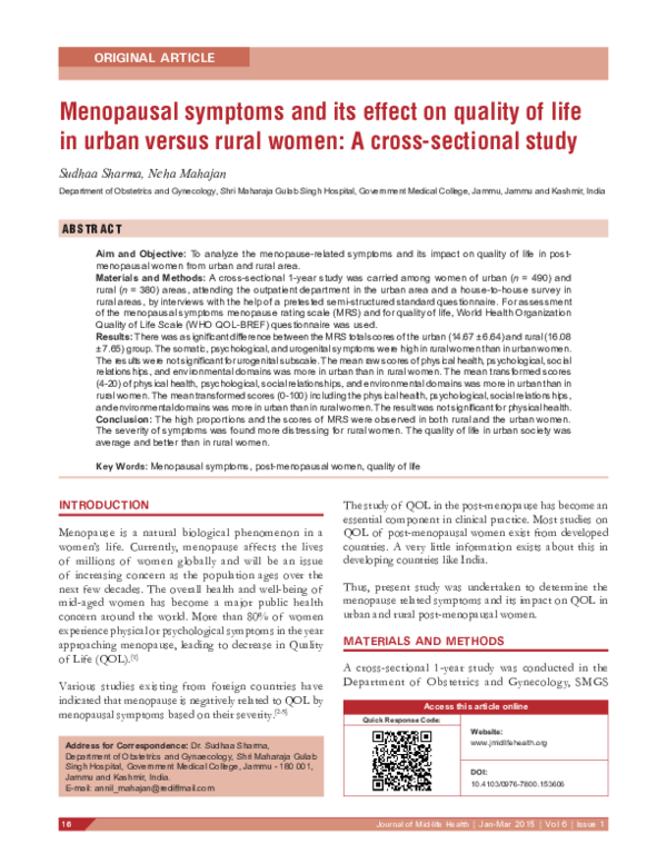(PDF) Menopausal symptoms and its effect on quality of life in urban ...