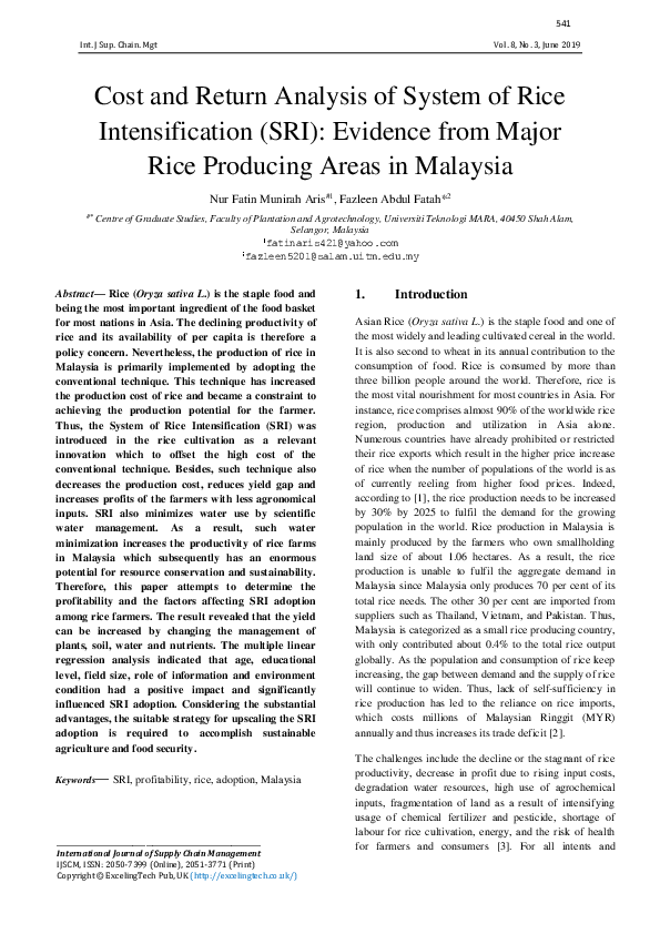 Pdf Cost And Return Analysis Of System Of Rice Intensification Sri
