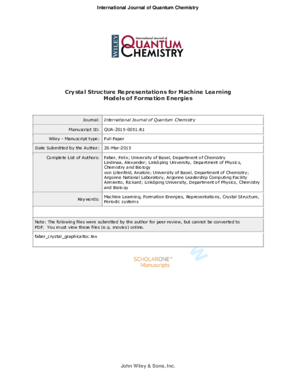 (PDF) Crystal structure representations for machine learning models of formation energies