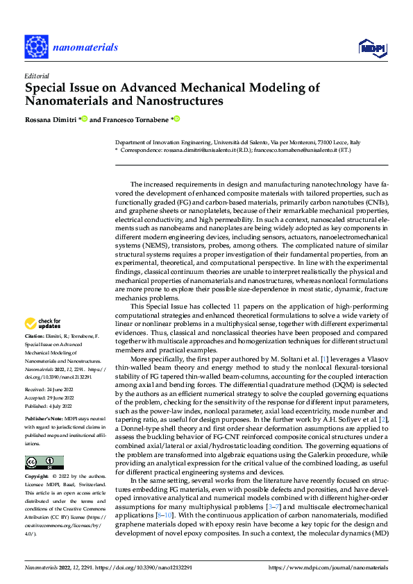 (PDF) Special Issue on Advanced Mechanical Modeling of Nanomaterials and Nanostructures