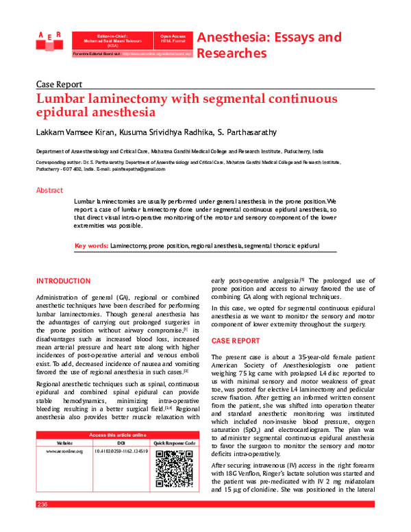 (PDF) Lumbar laminectomy with segmental continuous epidural anesthesia