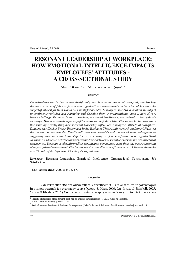 (PDF) Resonant Leadership at Workplace: How Emotional Intelligence ...