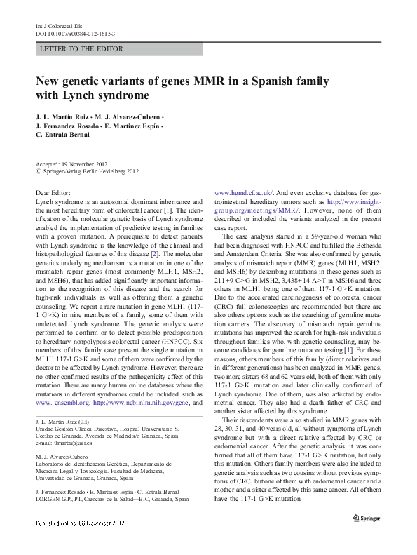 (PDF) New genetic variants of genes MMR in a Spanish family with Lynch ...
